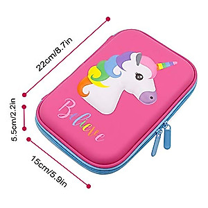 Pencil Case for Girls, 3D Cute EVA Unicorn Pen Pouch Stationery Box Anti-Shock Large Capacity Multi-Compartment for School with 4 unicorn pens
