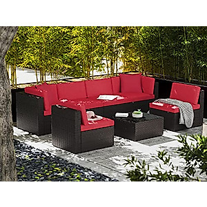 Greesum Patio Furniture Sets 7 Piece Outdoor Wicker Rattan Sectional Sofa with Cushions, Pillows & Glass Table, Red