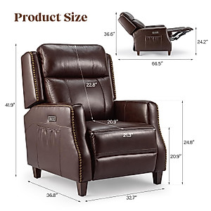 BMBMT Recliner Chair Genuine Leather 90-136°Comfy Backrest Cushion with High Elastic Sponge, Power Recliner Chair for Living Room, Home Theater, Bedroom, Office - Dark Brown