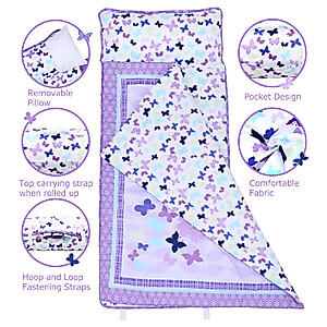 UOMNY Toddler Nap Mat Girls Kids Nap Mats with Removable Pillow and Blanket Butterfly Toddler Sleeping Bag for Preschool Daycare Purple Happy Napper Girls 50x20 Inch