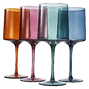 Muted Colored Square Crystal Wine Glasses Set of 4, Gift For Her, Him, Wife, Friend - Large 13.5 oz, Italian Style Tall Drinkware - Red & White, Dinner, Color Beautiful Glassware, Stemmed Glass