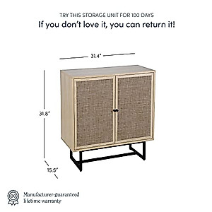 Nathan James Kova Accent Natural Storage Cabinet Sideboard Wood and Rattan with Matte Metal Frame, Adjustable Interior Shelves and Cane Doors, for Hallway, Entryway or Living Room, Light Oak/Black