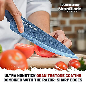 Nutriblade Knife Set with Block by Granitestone 6-Piece Professional Kitchen Chef’s Knives Ultra Sharp Stainless Steel Blades and Nonstick Granite Coating, Easy-Grip and Dishwasher-safe (Blue)