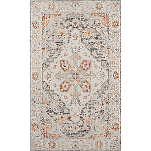 Auemtyn Area Rug, 3x5 Washable Rug for Living Room, Rug with Non-Slip Backing, Stain Resistant Vintage Medallion Rug for Bedroom, Non-Shedding Distressed Rug (3'x5', Beige)