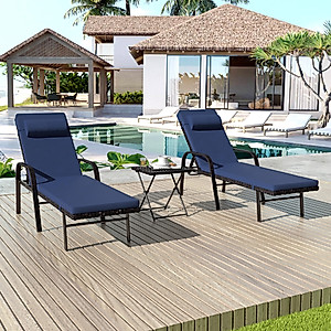 Gotland Patio Chaise Lounge Sets Outdoor Armchair Recliner Rattan Adjustable Back 3 Pieces Cushioned Patio Folding Chaise Lounge with Folding Table