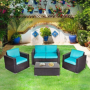 Peach Tree 4 PCs Outdoor Wicker Rattan Sofa Set Armrest Sofa with Coffee Table Patio Furniture Sectional Set with Washable Removable Cushions Backyard Pool