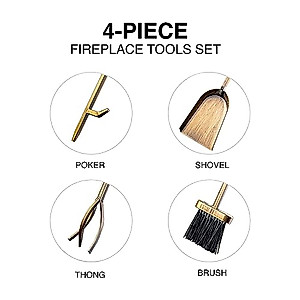 Fireplace Tools Set, 5 pcs Fireplace Accessories - Brass-Plated Poker, Shovel, Tongs & Brush. Easy-to-Assemble Fire Poker Set for Chimney with a Modern Design