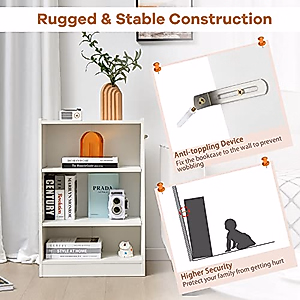 Tangkula 3 Tier Bookcase, Floor Standing Open Bookshelf with 18-Position Adjustable Shelves, Anti-toppling Device, Modern Multipurpose Display Storage Organizer for Living Room Study (White)