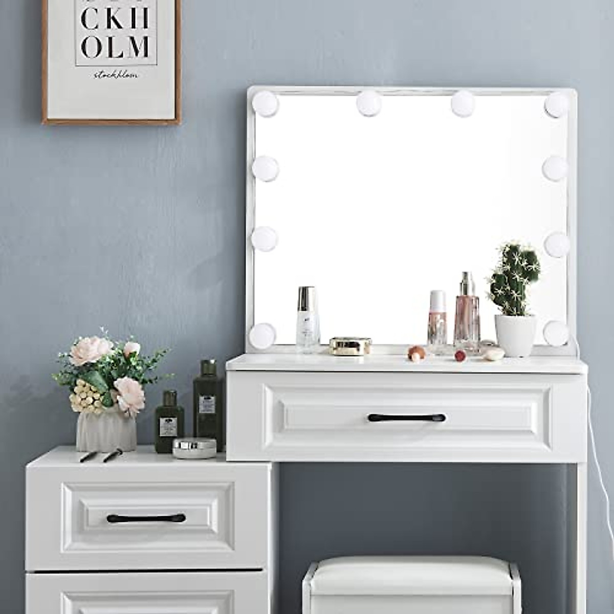 Kkonetoy Makeup Vanity Desk with Lighted Mirror, Dressing Table Set with Stool and Drawers, White, 47" H x 31.5" W x 14.2" W