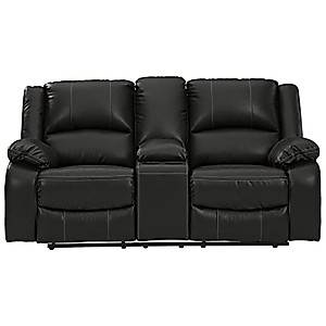 Signature Design by Ashley Calderwell Faux Leather Manual Double Reclining Loveseat with Storage Console, Black