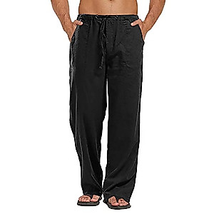 AUDATE Mens Casual Pants Linen Lounge Trousers Loose Elasticated Waist Pant with Drawstring Black M