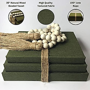 Linen Covered Decorative Books, Set of 3 - Neutral Home Decor Coffee Table Books with Wooden Beaded Tassel for Rustic Farmhouse Modern Decor, Boho, Bookshelf Decor (Olive)