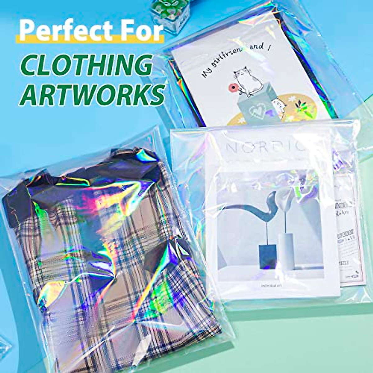 Harhana Holographic Resealable Bags For Small Business, 11x14 Holographic Cellophane Bags Self Adhesive For Convenient Packaging - 11x14 100 pcs