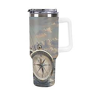 LLUTSNTH 40 Oz Vacuum Tumbler with White Handle Leakproof Insulated Tumbler Ship And Compass Stainless Steel Travel Mug with Lid And Straw Coffee Cup Cute Water Bottles Cup Holder Friendly