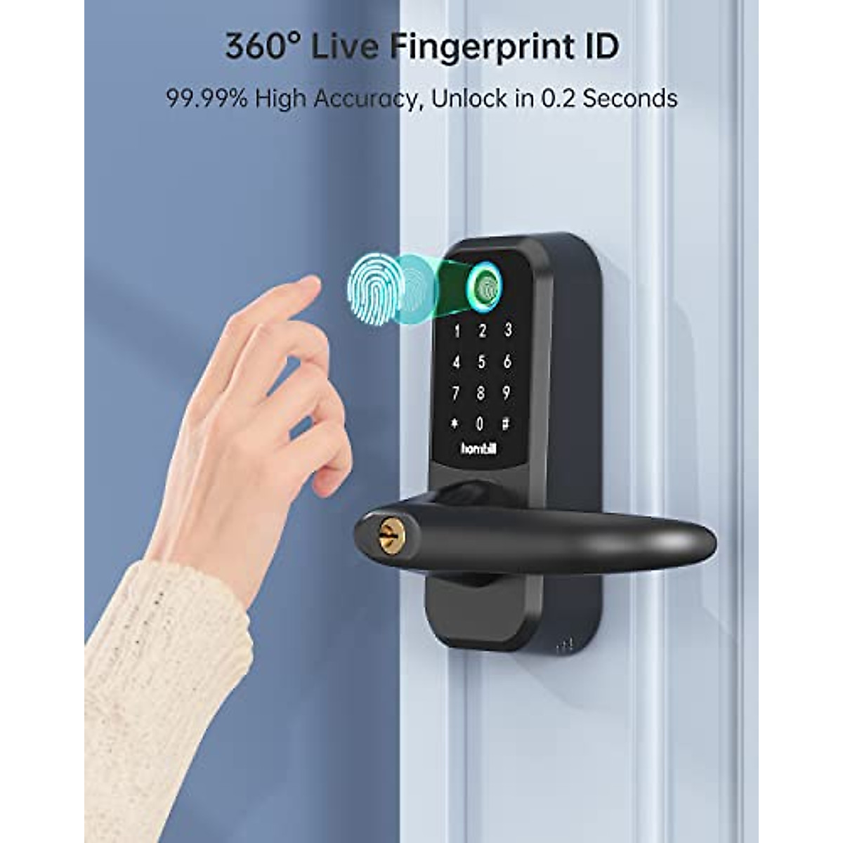 Hornbill Smart Lock Keyless Entry with Handle - Fingerprint Door Locks for Front Door - Keypad Electronic Digital Biometric Bluetooth Passcodes Alexa App Control Touch Screen Key Fobs - Airbnb Home