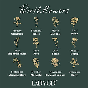 LADYGD Birth Flower Necklace 18K Gold Plated Necklaces for Women Disc Cuban Birthday Gold Jewelry Gifts for Women 12 Month 19.5" Poppy