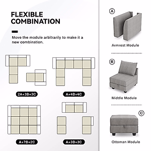 HONBAY Reversible Sectional Sofa with Chaise Modern Fabric Modular Sofa Couch with Ottoman L Shaped Couch with Storage Seat for Small Space, Grey