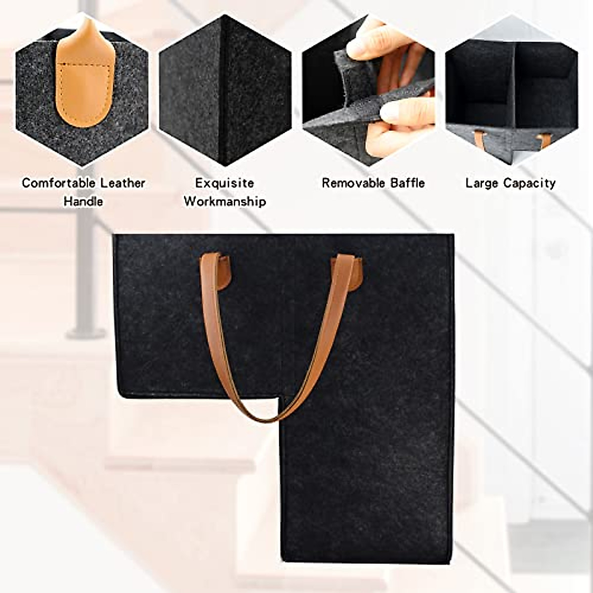 Stair Basket with Leather Handle for Carpeted Stairs, Staircase Basket with Collapsible Baffle for 16’’ wooden stairs, Foldable Basket Organizer for Office Home stairway in tidy and Storage