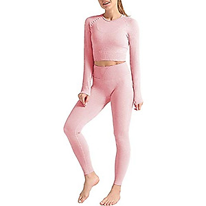 MAYROUND Women 2 Pieces Yoga Workout Outfit Ribbed Seamless Leggings and Long Sleeve Crop Top Set Exercise Clothes