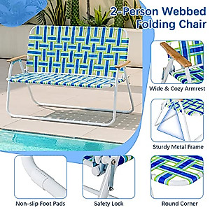 GYMAX Double Camping Chair, 660lbs 2-Person Folding Beach Chair with Breathable Webbing & Armrests, Lightweight Portable Outdoor Loveseat for Adults, Outside Patio Lawn Chair for Backyard, Poolside