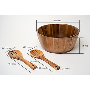 E&WES CO Large Solid Wood Salad Bowl Set 12-Inch Diameter With Wooden Utensils Spoon And Fork - Bowls Great For Mixing