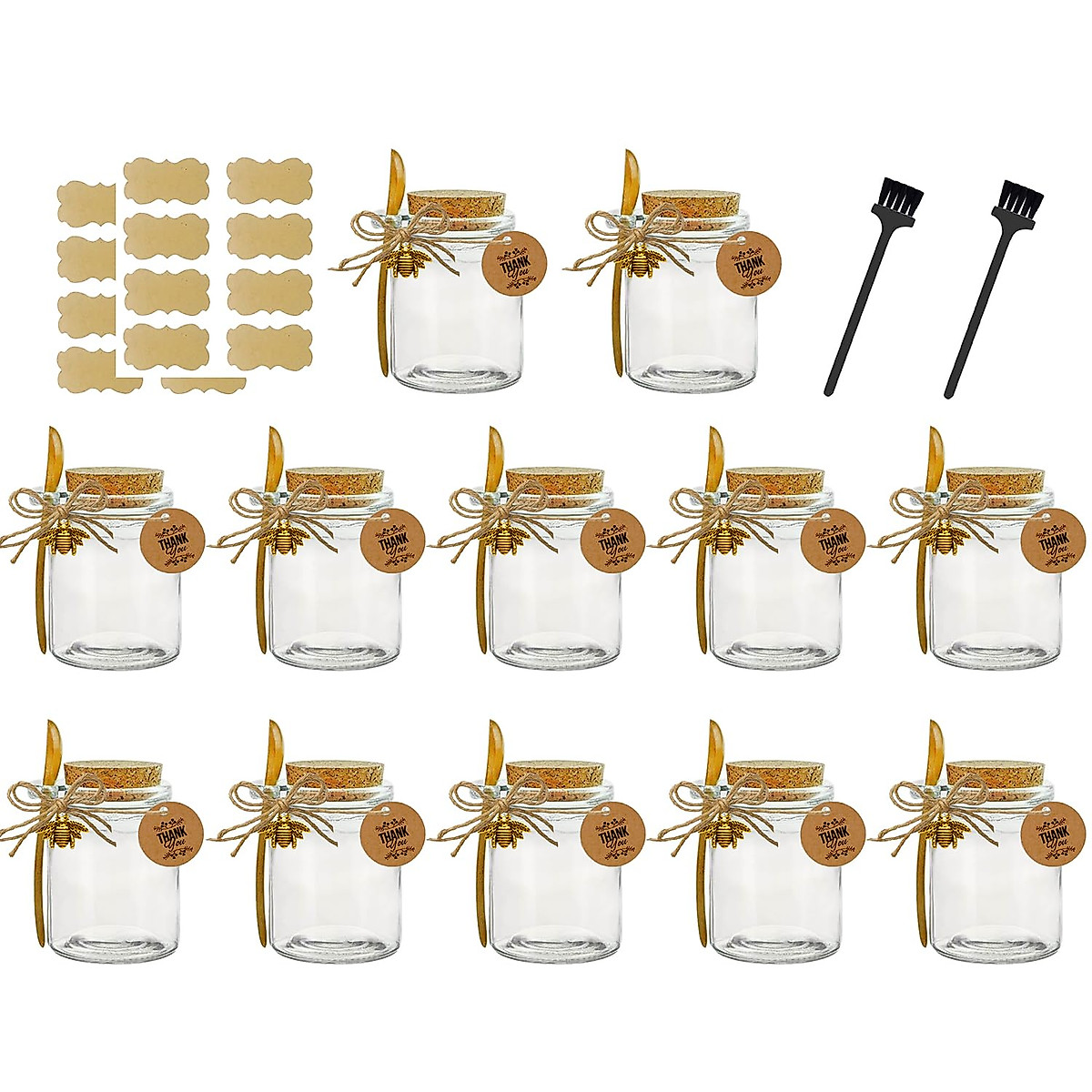 Ahhute Glass Storage Honey Jars with Cork Lids, Bamboo Spoons,Brush and Lables - Glass Canning Jars for Bath Sea Salt, Spices, Teas, Candy, Candle Making,Diy and Art,Dishwaresafe,12 Pack, 250ml/8oz