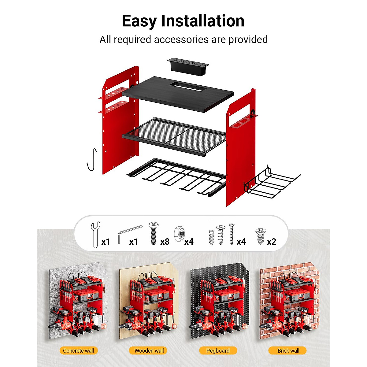 Dunatou Adjustable Power Tool Organizer Wall Mount with Charging Station, 6 Drill Holder & 4 Outlet, Wood Garage Tool Organizer Wall Mount Power Tool Rack with Hooks, Gift for Men