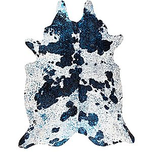 Natural Scotland Cowhide Area Rugs for Living Room and Bedroom | Handmade 100% Cow Rug with Low Pile | Shed-Resistant Home and Office Rug, Black White & Metallic Blue, 5 ft x 7 ft
