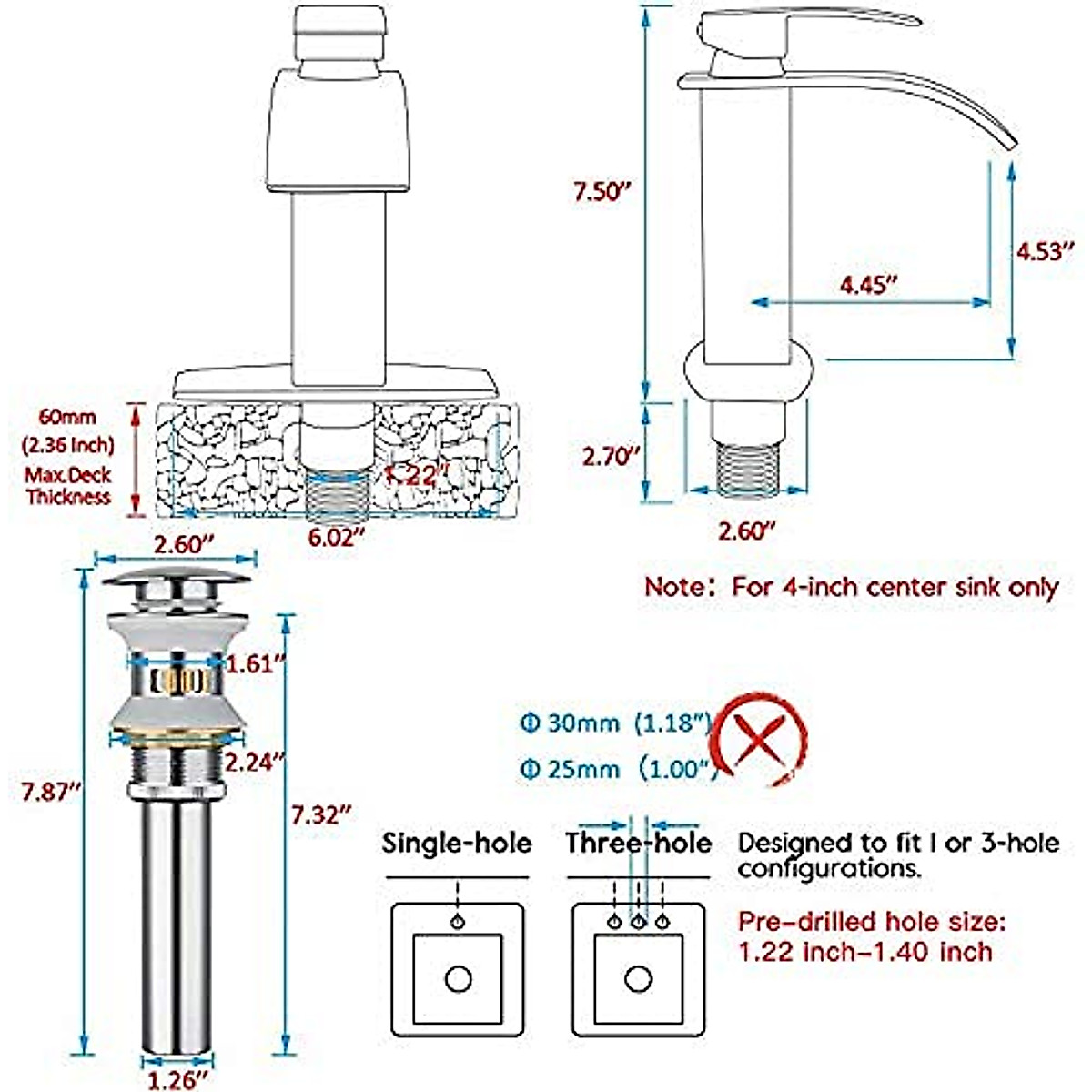Brass Waterfall Bathroom Faucet Single Handle Bath Vanity Sink Faucet Chrome Commercial Basin Mixer Faucet with Pop Up Drain Stopper Overflow Supply and Deck Mounted (Chrome)