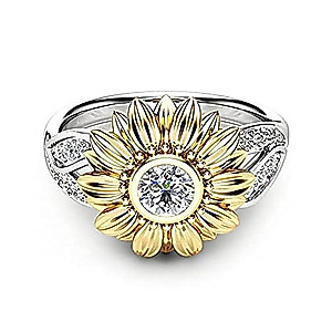 New Gold-Plated Couple Ring Sunflower Flower Color Separation Zircon Ring - 7