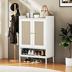 JASIWAY Rattan Shoe Cabinet Storage for Entryway, Shoe Cabinet with Adjustable Shelves for Entryway, 5-Tier, 20 Pair Shoe Rack Storage for Hallway, Closet, Living Room, White