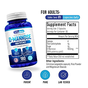 We Like Vitamins D-Mannose Capsules 1000mg per Serving - 180 Easy to Swallow Veggie Capsules - Cranberry D Mannose Supplement Helps Support Bladder and Urinary Tract Health