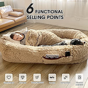 YAEM Human Dog Bed, 71"x45"x14" Dog Beds for Humans Size Fits You and Pets, Washable Faux Fur Human Dog Bed for People Doze Off, Napping Orthopedic Dog Bed, Present Plump Pillow, Blanket, Strap-Khaki