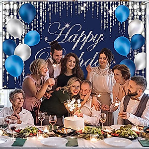 Blue Silver Happy Birthday Decorations Blue Birthday Banner Backdrop Large Happy Birthday Backgroud Birthday Backdrop Baby Shower Party Indoor Outdoor Decorations Supplies for Men Women Boys Girls