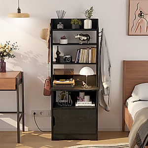 LIKIMIO Nightstand, 55" Tall End Side Table with Charging Station and Storage Cabinet, Small Bookshelf, for Living Room Office Bedroom, Vintage Black