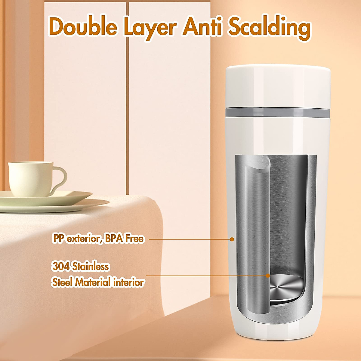 Travel Water Kettle,Portable 350ml Electric Heating Cup,Stainless Steel Bottle Heating Water Boilers Hot Water Maker for Brew Milk Powder,Coffee Tea Fast Boil Auto Shut Off Father's Day Gift(White)