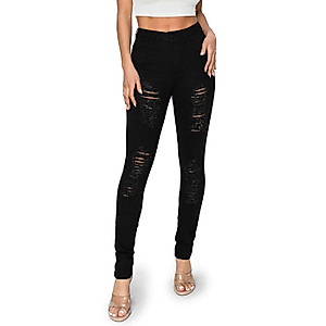 2LUV Women Junior Stretchy Mid Rise 5 Pocket Ripped Destroyed Ripped Skinny Jegging Jeans Back to School Clothing Apparel Black 5