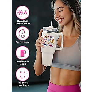 40 ounce insulated cup with handle, double-layer vacuum stainless steel material, equipped with straw, can keep warm or maintain cold drinks Colorful Butterfly grey