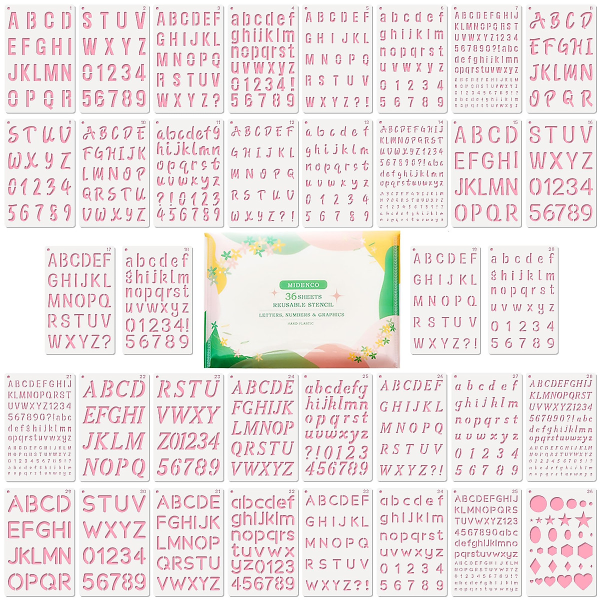 1/4, 1/2, 3/4, 1, 5/4 Inch Letter Stencils for Painting – 36 PCS (5.1 X 7.9 Inch) Plastic Stencils for Crafts Reusable - Small Number and Alphabet Stencils