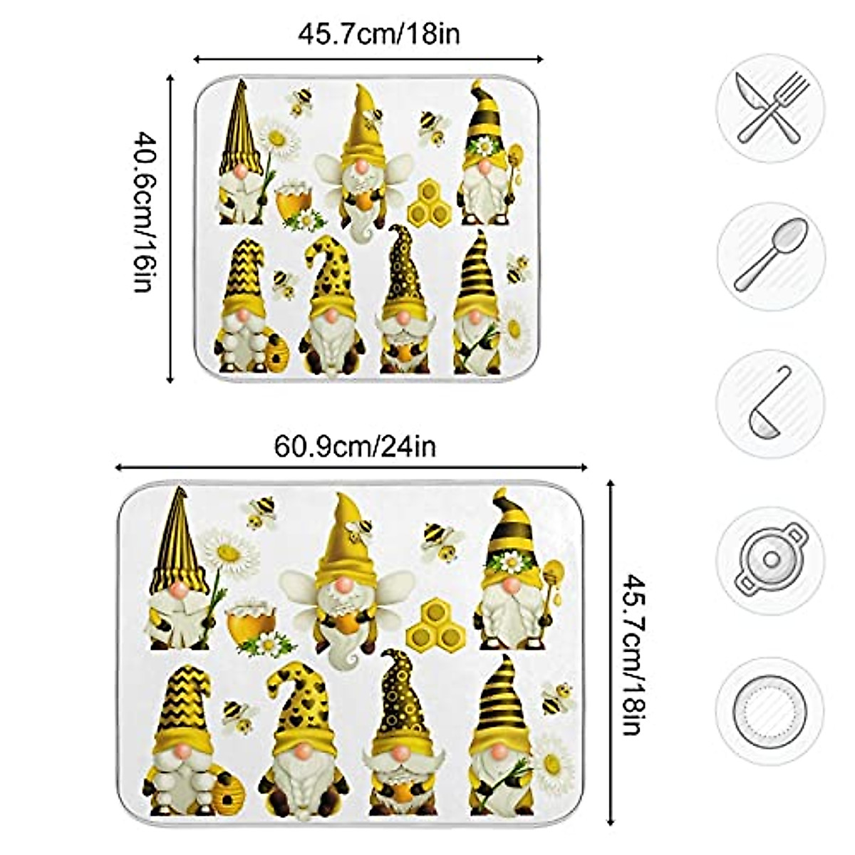 Yellow Gnomes Bee Absorbent Dish Drying Mat Reversible 16"x18",Summer Honey Sweet Drying Pad Protector for Kitchen Counter Sinks Dining Table