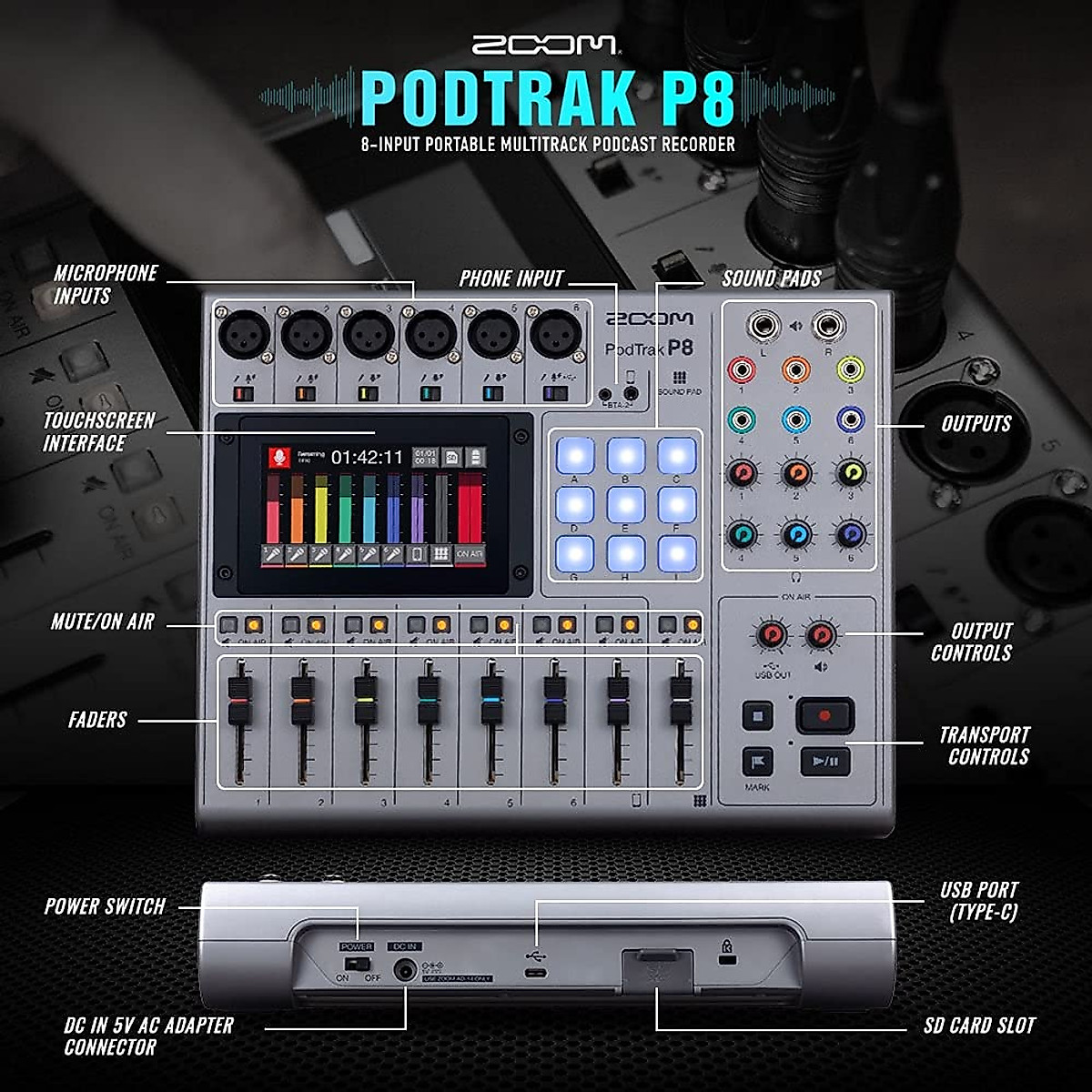 Zoom PodTrak P8 Portable Multitrack Recorder Perfect for Podcasting, Twitching and More in Premium Accessories Bundle with x4 Stereo Headphones, x4 Microphones, Batteries Cleaning Kit & More