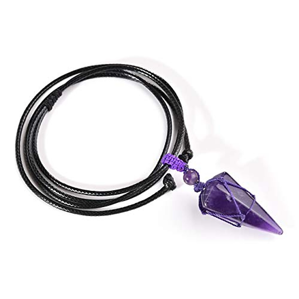PESOENTH Amethyst Necklace Purple Quartz Crystal Dowsing Pendulum Divination Healing Necklace Cord Adjustable,Natural Gemstone Hexagonal Pointed Cone Reiki Chakra Pendant