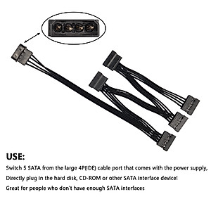 SinLoon IDE to SATA Power Splitter Cable, LP4 4 Pin Male to 5 SATA Female Power Extension Hard Drive Cable,for HDD SSD and Optical Drives 18AWG-24cm