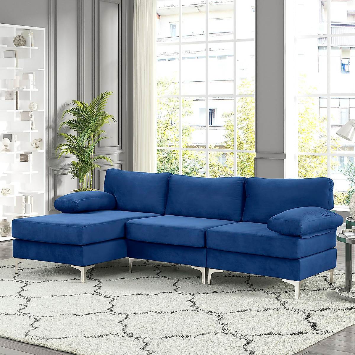 Casa Andrea Milano Modern Velvet Fabric Sectional Sofa, L-Shape Couch with Extra Wide Chaise Lounge