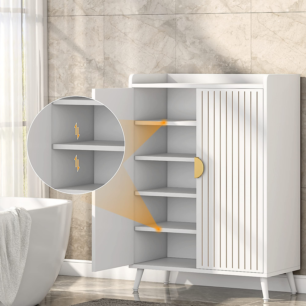 Vagaconl Shoe Cabinet with Doors, Shoe Storage Cabinet with Adjustable Shelves,Wooden Shoe Storage Organizer for Entryway, Living Room,Hallway, Closet, White&Gold