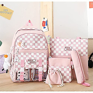 Checkered Kawaii Backpack 5Pcs Set Cute Aesthetic School Bags Combo Set for Girls Preppy Backpacks for School, School Bag Sets with Pencil Box Lunch Box Bag (Pink, One Size)