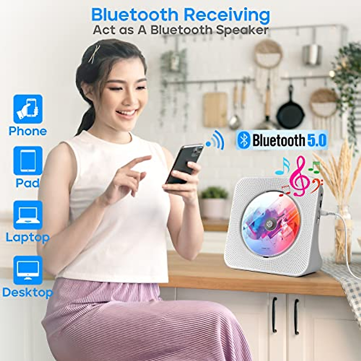 Desktop CD Player with Speakers, ROADOM CD Players for Home, Bluetooth CD Player with Hi-Fi Stereo Sound,Remote Control,Supports CD/Bluetooth/FM Radio/U Disk/AUX/Timer/Repeat