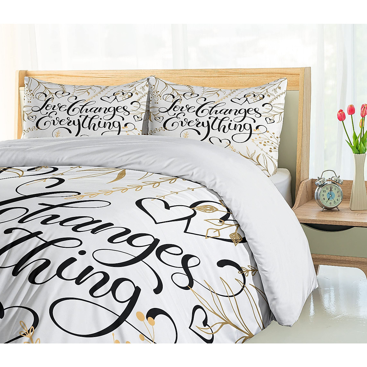 Ambesonne Romantic Duvet Cover Set, Foliage Pattern Frame Style Heart Shapes and an Inspirational Words, Decorative 3 Piece Bedding Set with 2 Pillow Shams, King Size, Sepia Peach Black