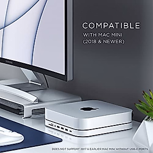 SATECHI Mac Mini Hub & Type-C Stand with SSD Enclosure – Mac Mini Stand - Fits M.2 SATA SSD, USB-C Data Port, Micro/SD Card Readers, USB-A, Headphone Jack Port – for Mac Studio, Mac Mini M1 (Silver)