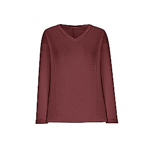 Deals of The Day Clearance Women's Tops Oversized v-Neck Long Sleeve Solid Color Shirts Waffle Knit Casual Loose 2023 Trendy Tees Shirt Wine M